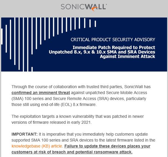 SonicWall warns of 'critical' ransomware risk to EOL SMA 100 VPN appliances SonicWall warns of 'critical' ransomware risk to EOL SMA 100 VPN appliances